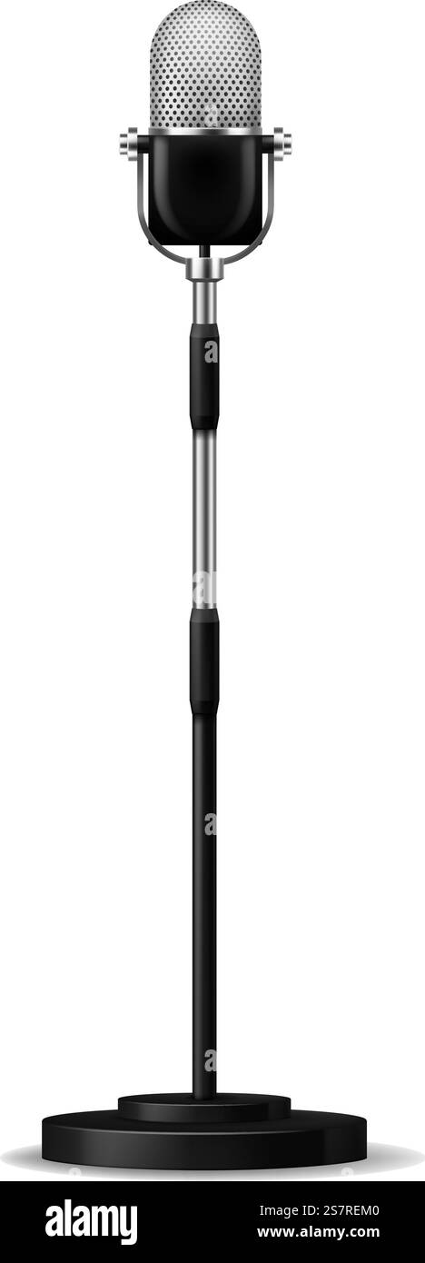 Realistic microphone on stand. Black concert mic isolated on white ...