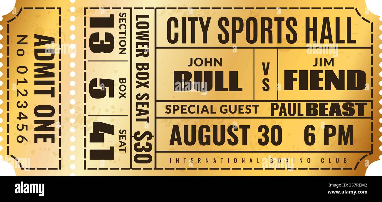 Sport hall pass template. Golden ticket design isolated on white ...