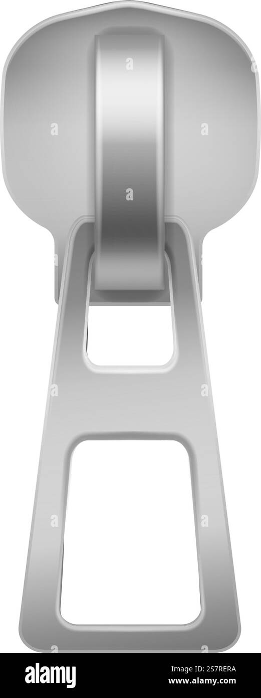 Steel zip puller. Realistic zipper slider clasp isolated on white background. Steel zip puller ...