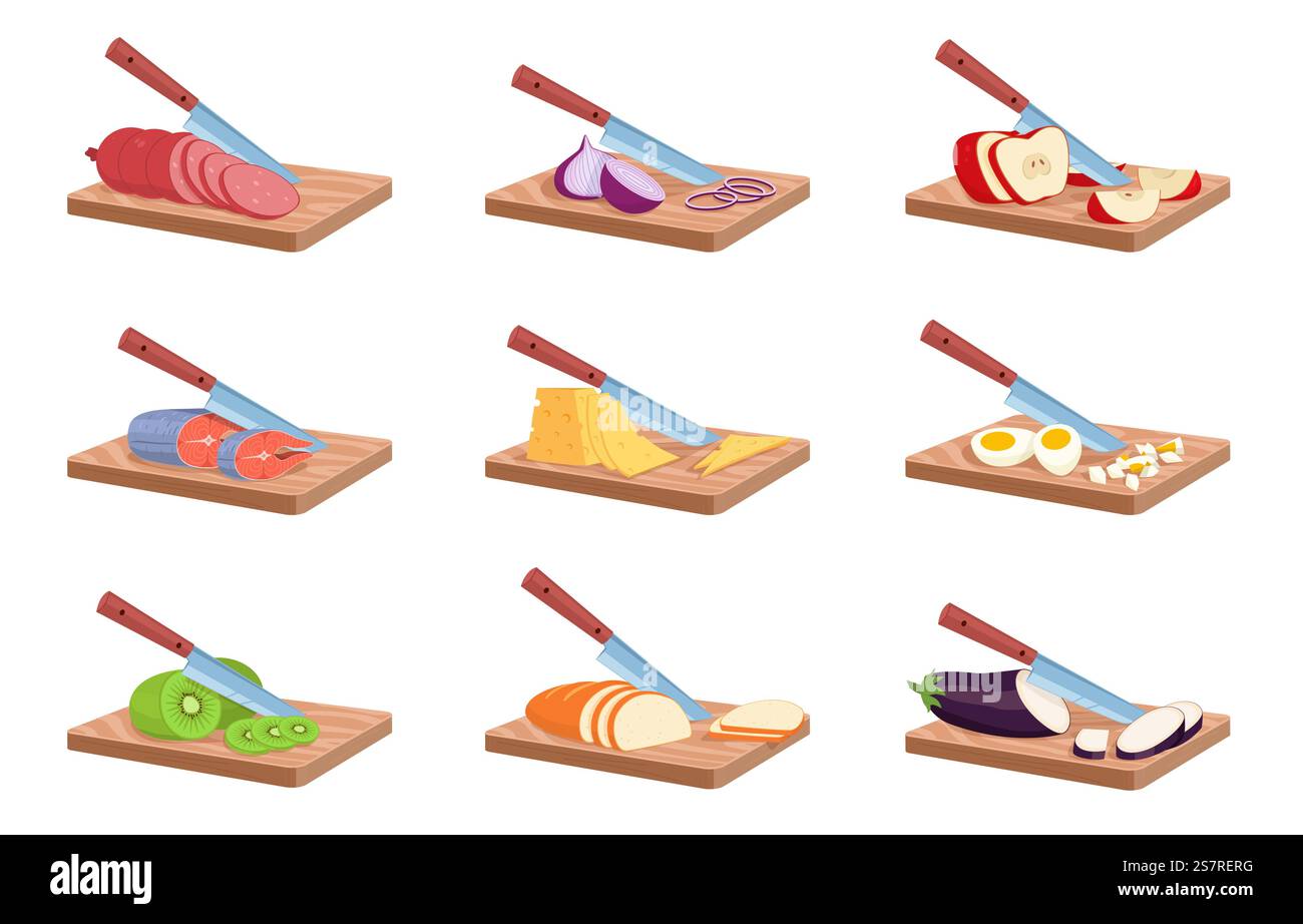 Sliced cut food. Products cutting, pieces and slices, chopped on board ...