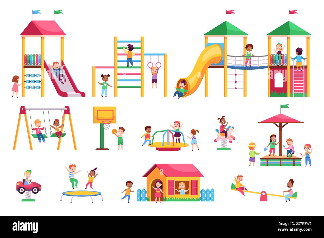 Kids playground. Children swing and slides garden, colorful bright ...