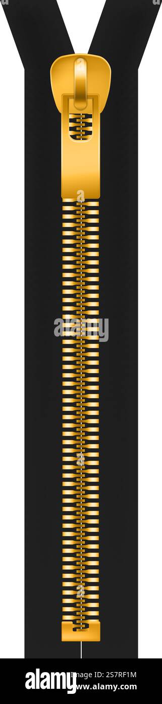 Realistic gold zipper on fabric. Clothing clasp mockup isolated on ...