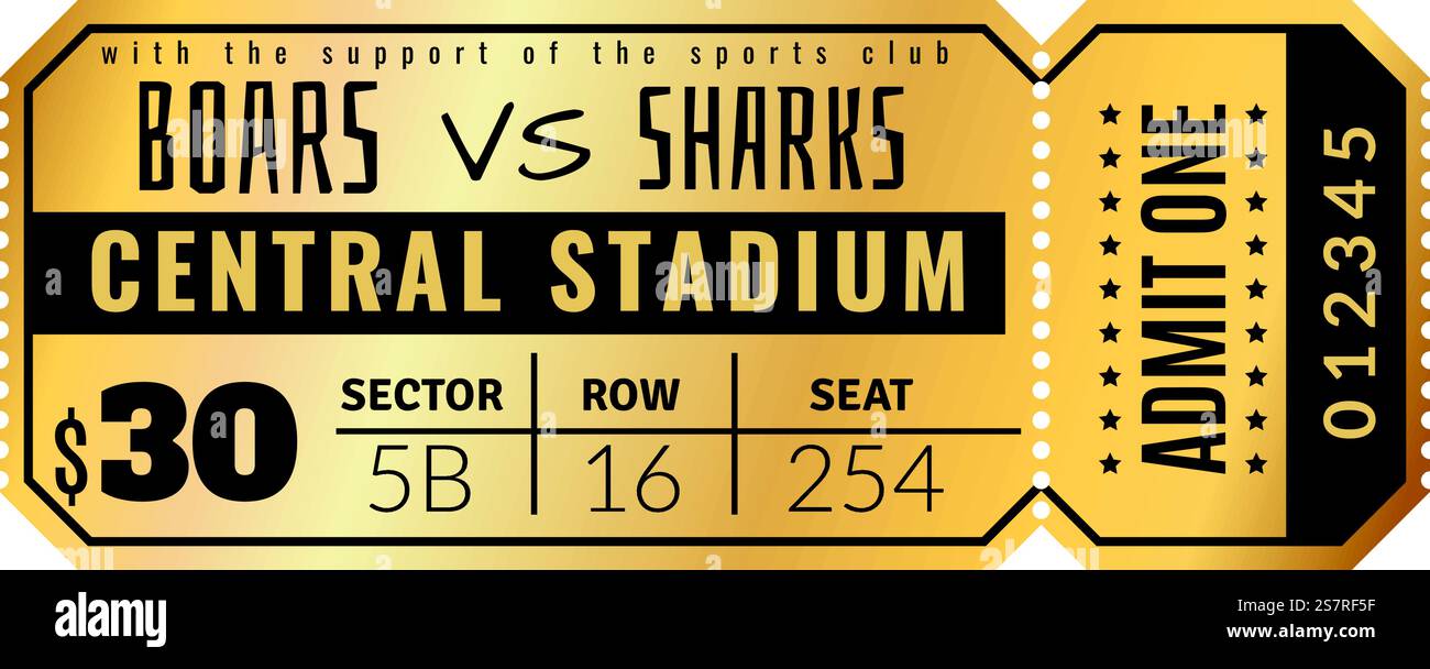 Stadium pass design. Golden vintage ticket tempalte isolated on white ...
