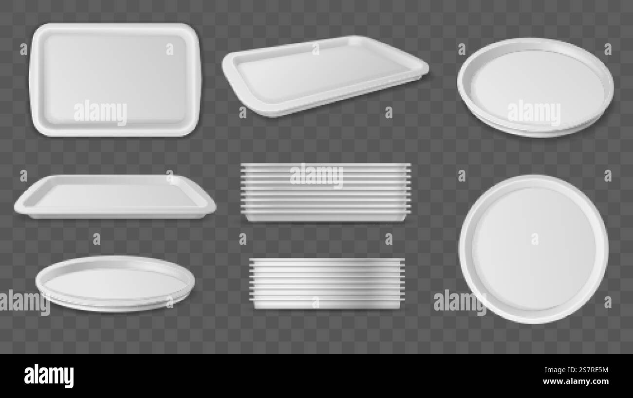 Round and square trays. Realistic plastic serving tray, different ...