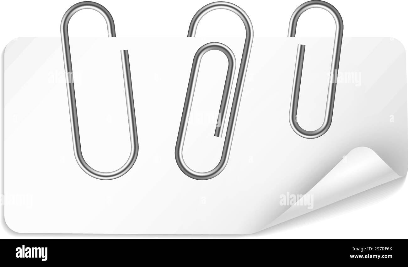 Pin paper clip. Realistic silver metal glossy fasteners on white sheet ...