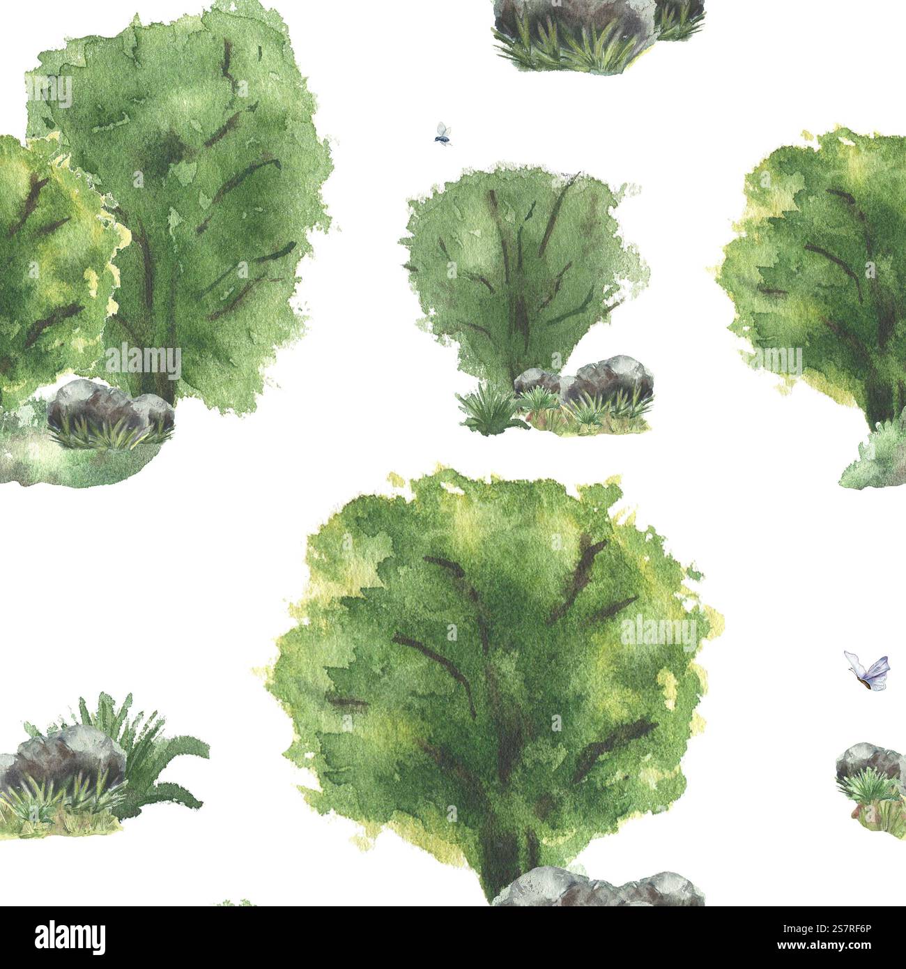 Green trees, stone on grass watercolor seamless pattern isolated on ...
