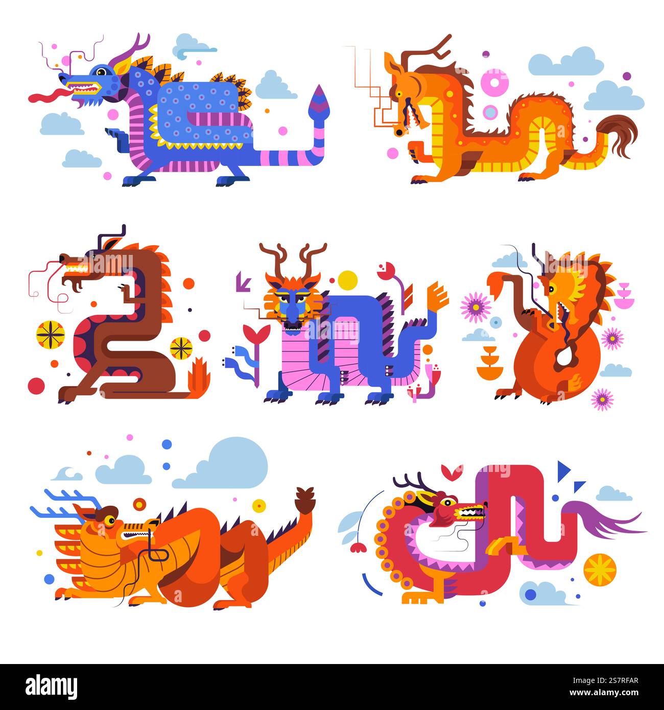 Mythological reptiles with wings and tails, folklore animals breathing ...