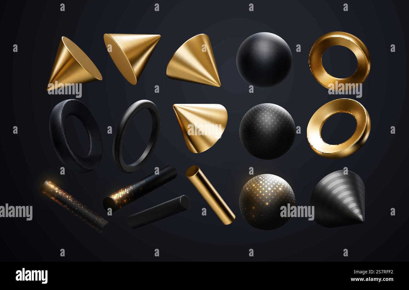 3d black and golden geometric shapes. Vector realistic illustration. Geometry primitives with ...