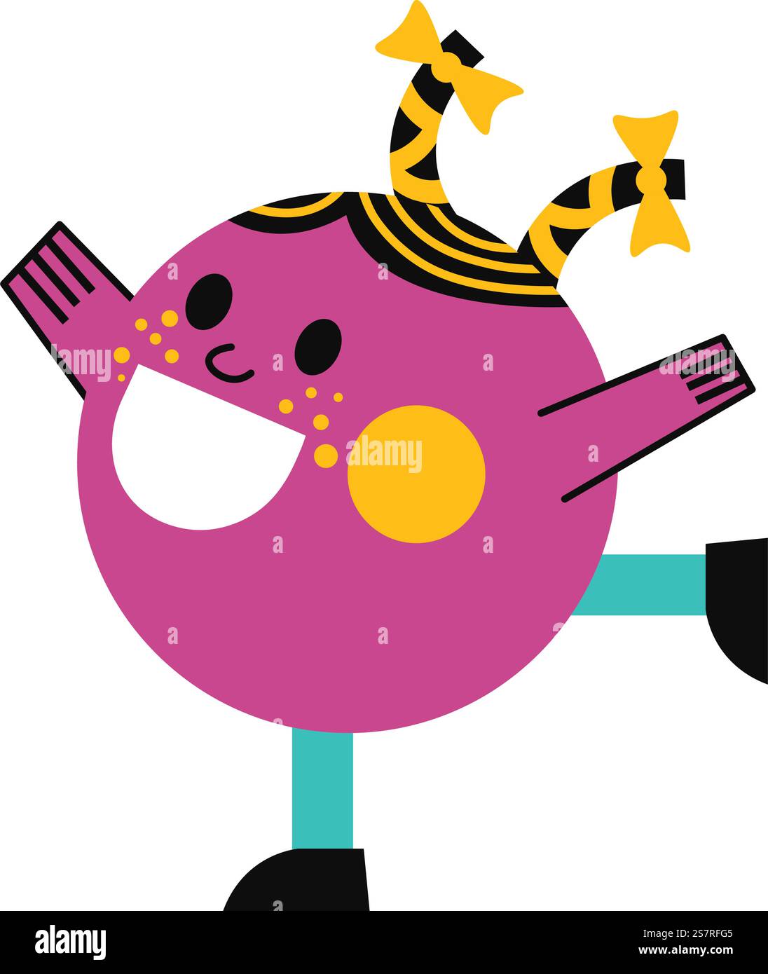 Rounded form of personage, isolated girl character. Circle figure with facial expression, legs ...