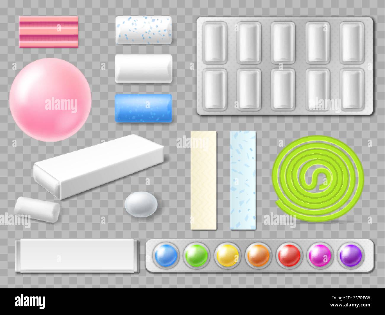 Realistic chewing gum. 3D mint and fruits bubblegum. Fresh breath and ...