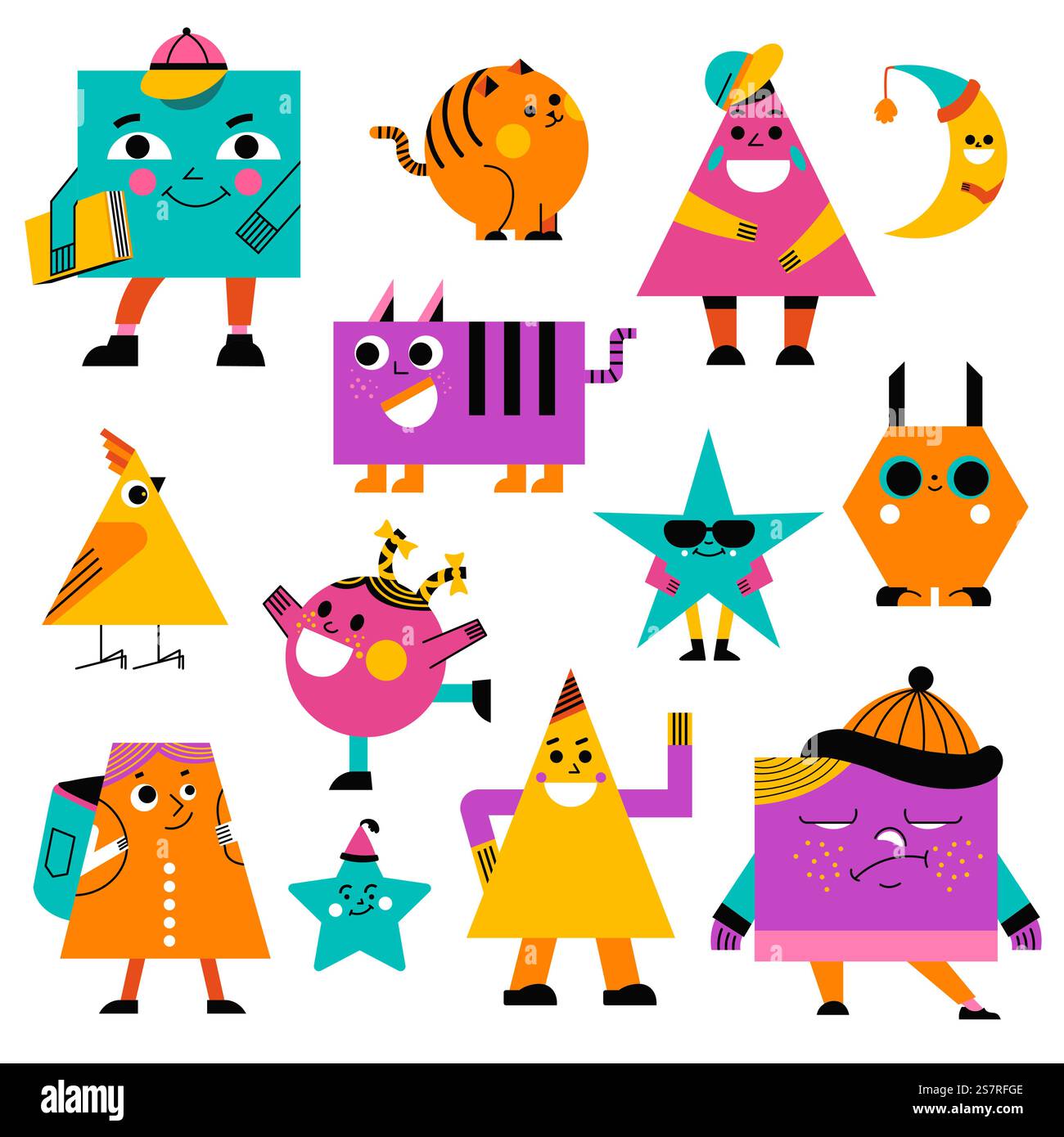 Figures and personages in geometric shapes of circle and square ...