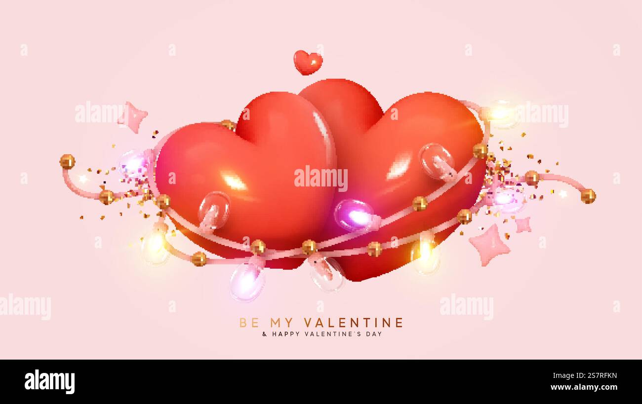 Valentine’s Day. Red pair of hearts. Realistic 3d design, two hearts ...
