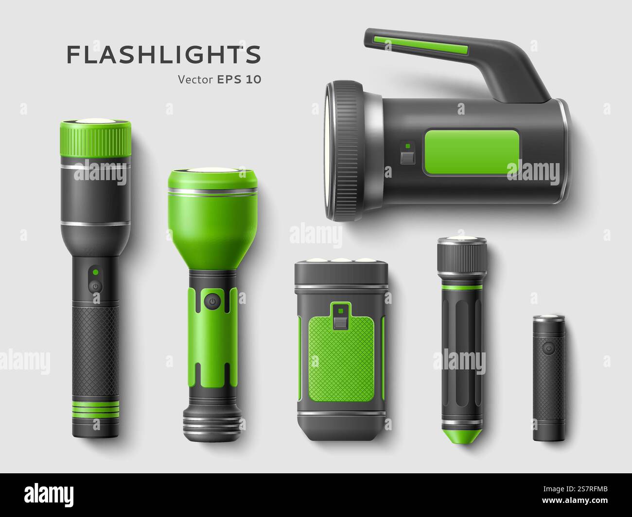 Realistic flashlights. Tourist hand lights with battery, different types, travel equipment ...