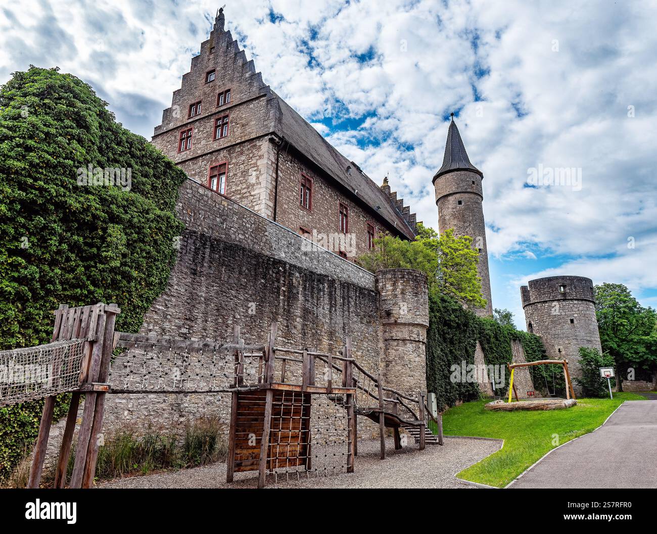 Historic stone castle with towers surrounded by greenery and outdoor ...