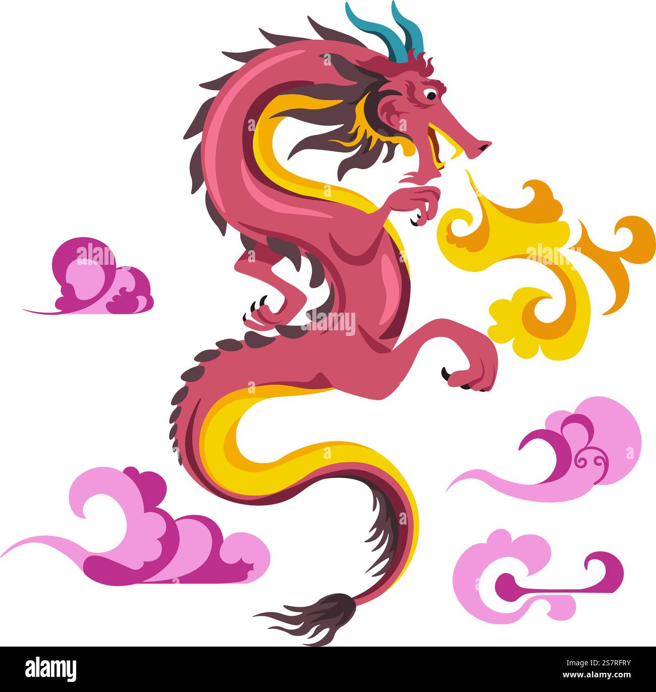 Dragon breathing flames and fire tongues. Isolated personage or ...