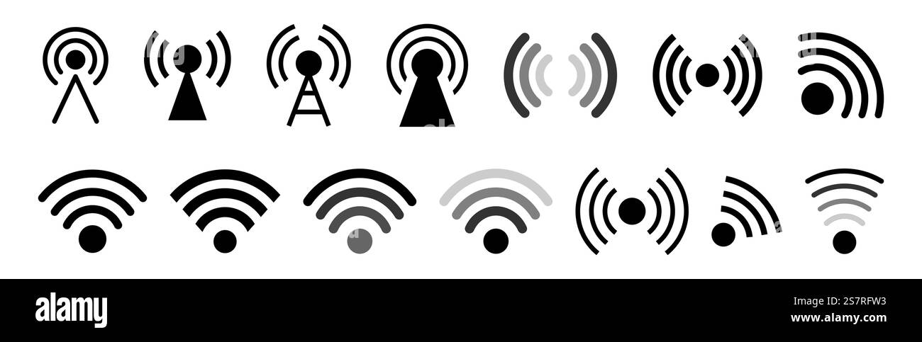 Internet antenna tower icon collection. Set of signal tower glyph icons ...