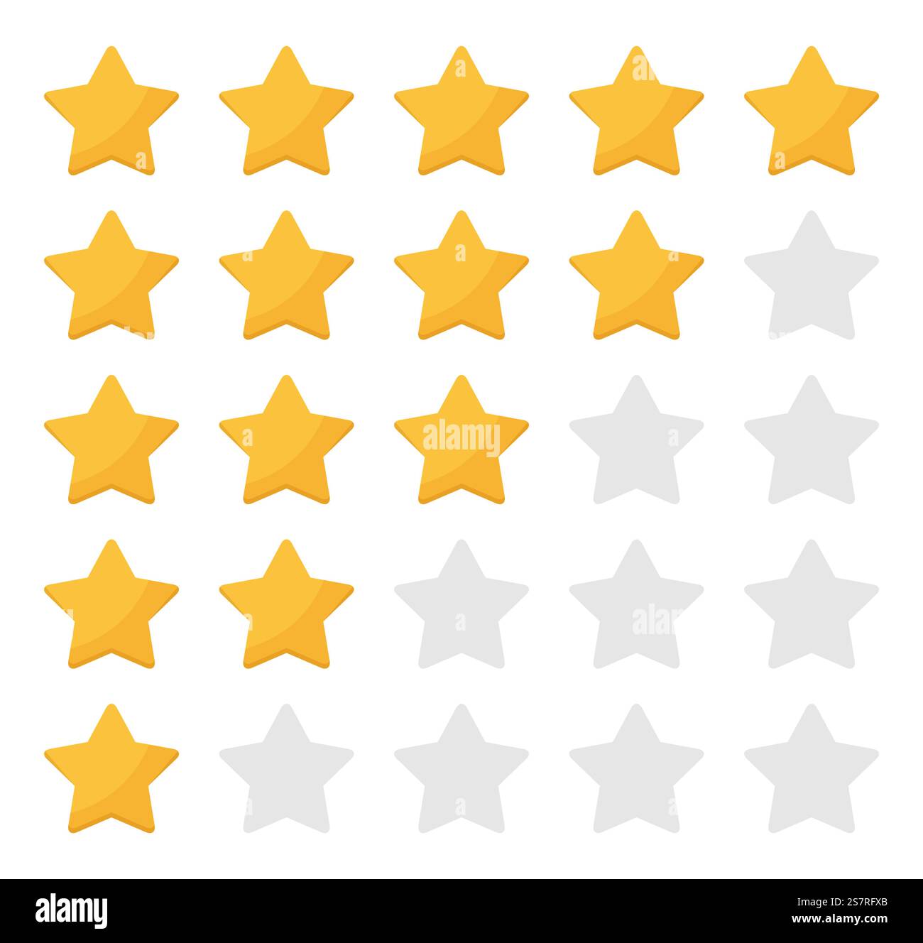 5 rounded star rating in a flat design on a white background. Star rating collection. Vector ...