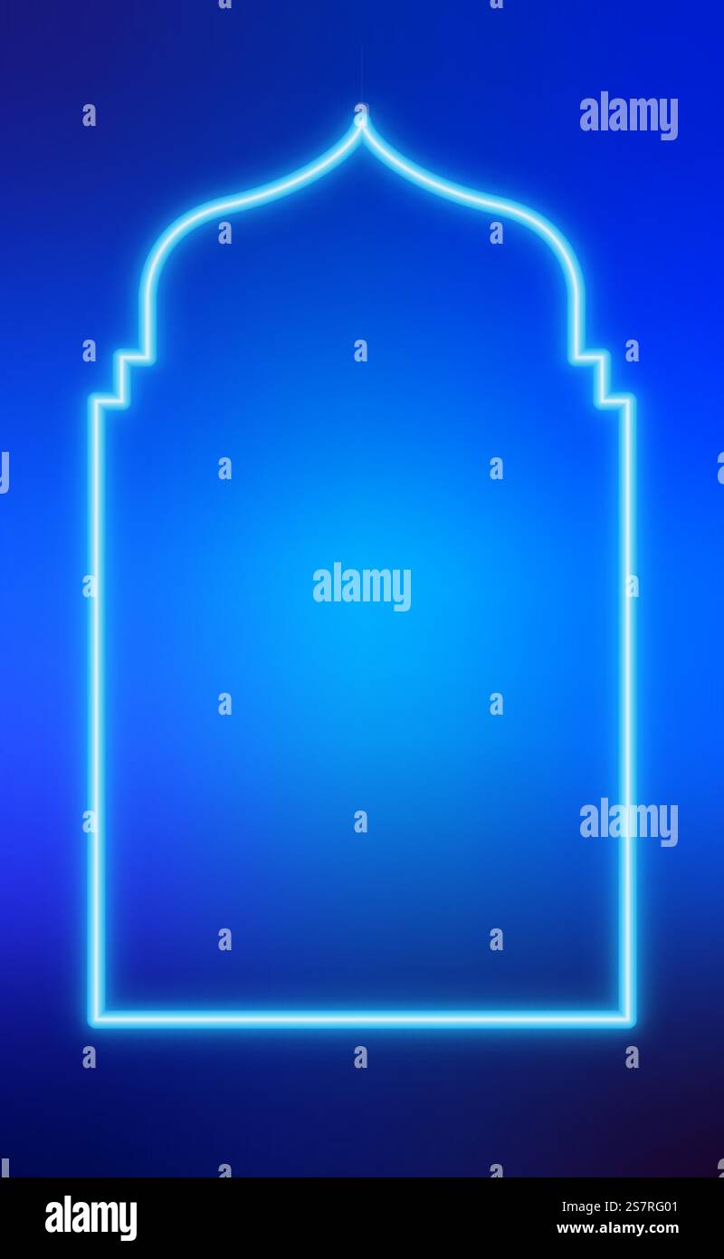 Blue mosque window frame in neon style. Glowing neon banner for ...