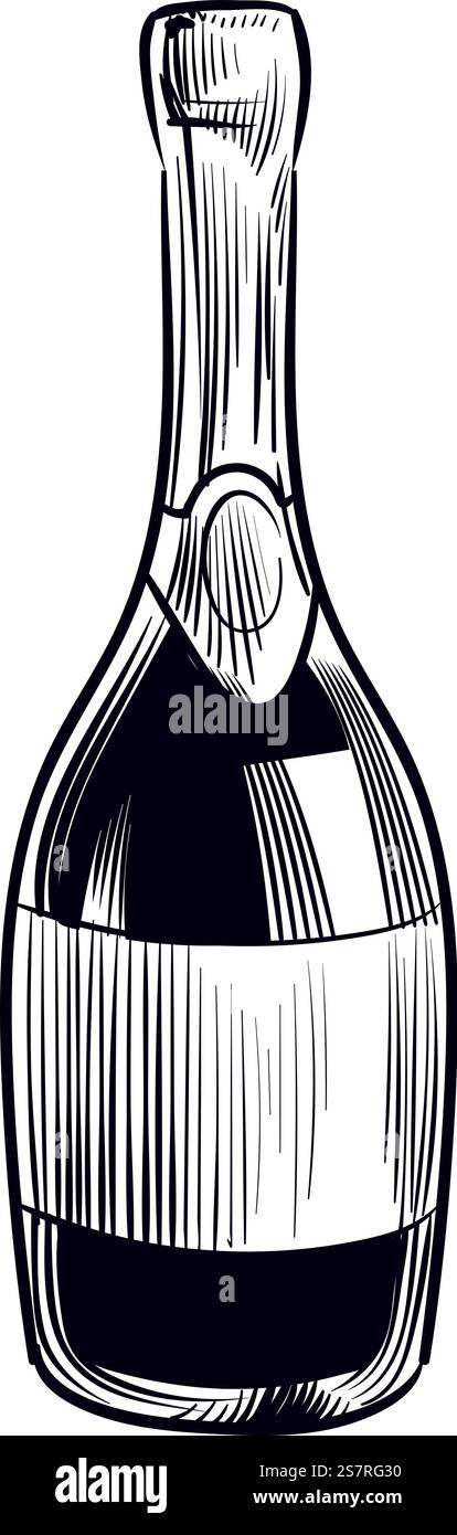 Sparkling wine glass bottle engraving. Alcohol drawing isolated on ...
