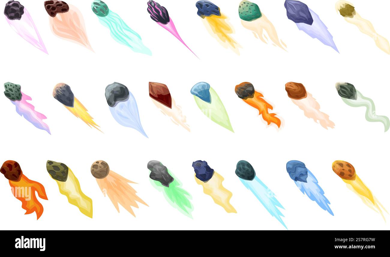 Meteor trail icons set cartoon vector. Comet flying meteor. Falling flame burning. Meteor trail ...
