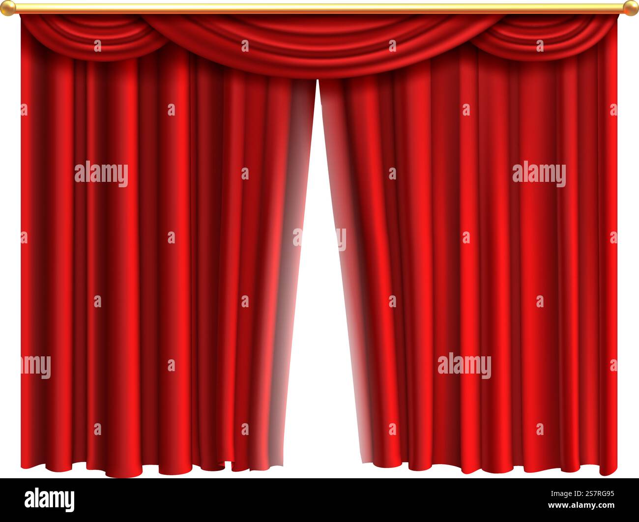 Opening theatre curtains. Red cinema stage drapes isolated on white ...