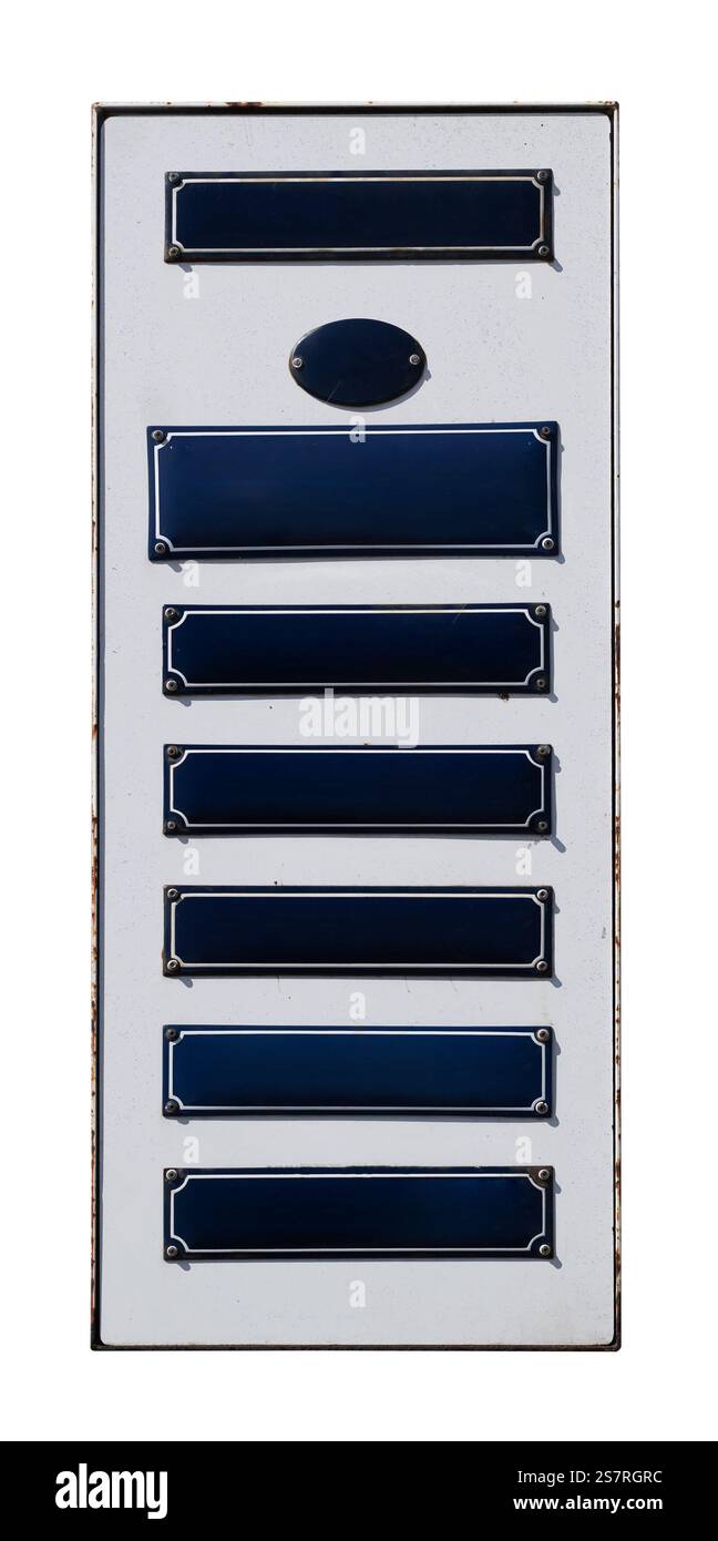 Vintage white nameplate panel with multiple blue plaques arranged ...
