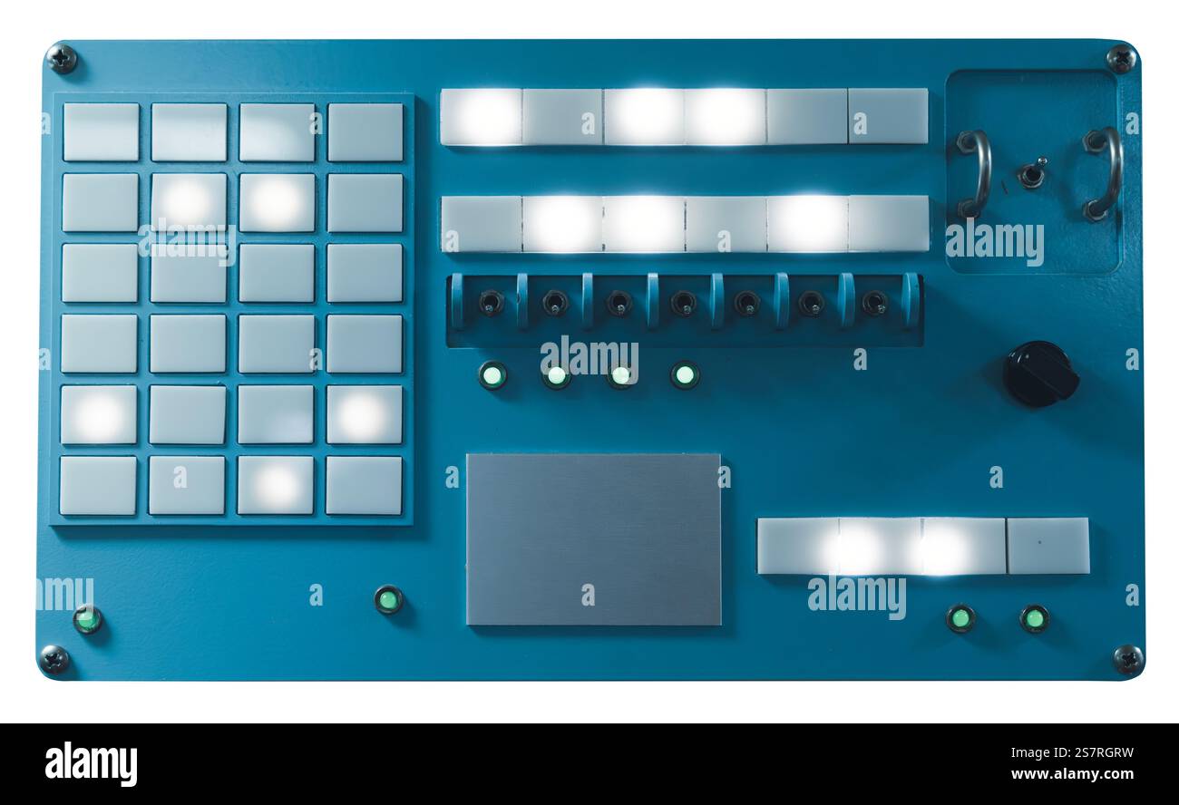 A blue control panel featuring illuminated lights and various switches ...