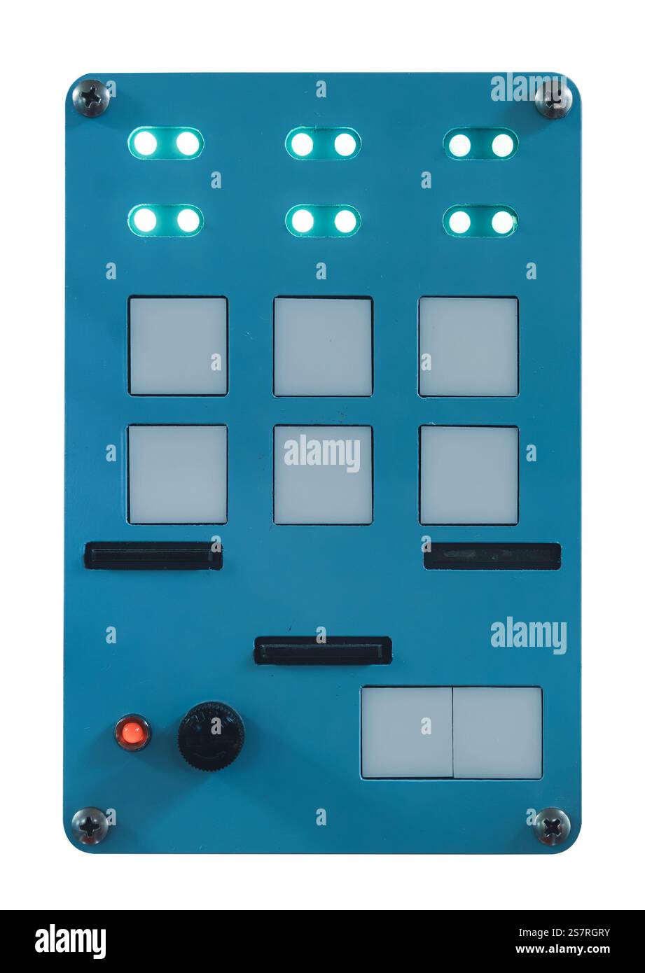 A compact blue control panel featuring green indicator lights and ...