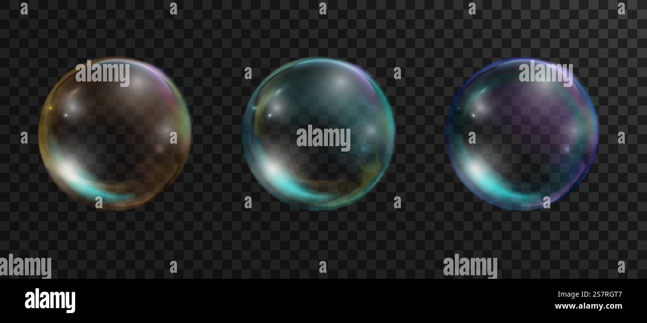 Iridescent realistic soap bubbles with highlights and reflections of ...