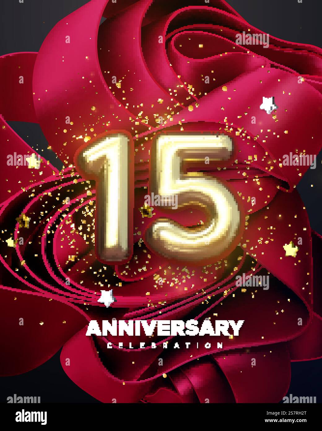 15th Anniversary celebration. Golden number 15 with sparkling confetti ...
