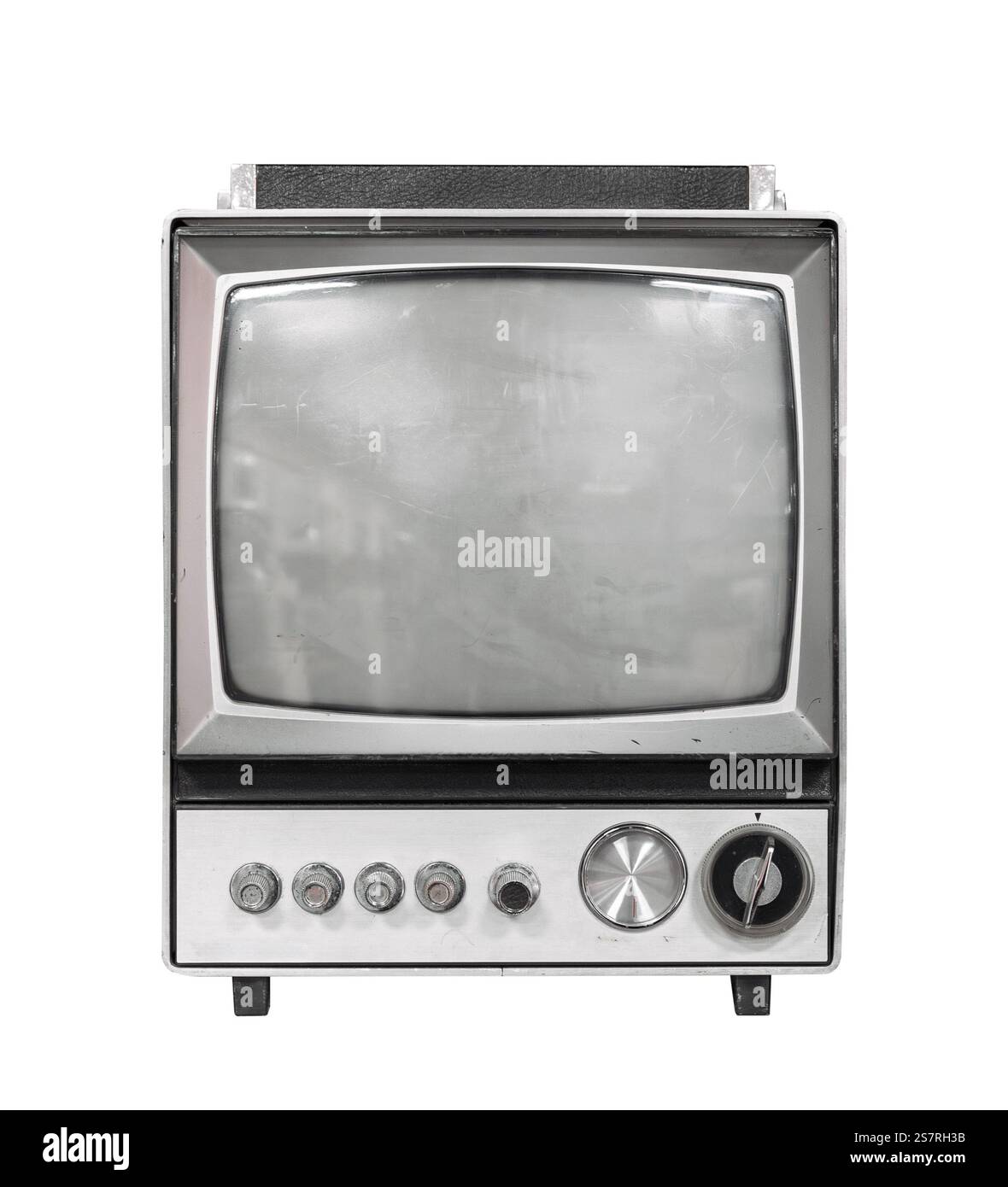 A portable vintage television set in black and white featuring dials ...