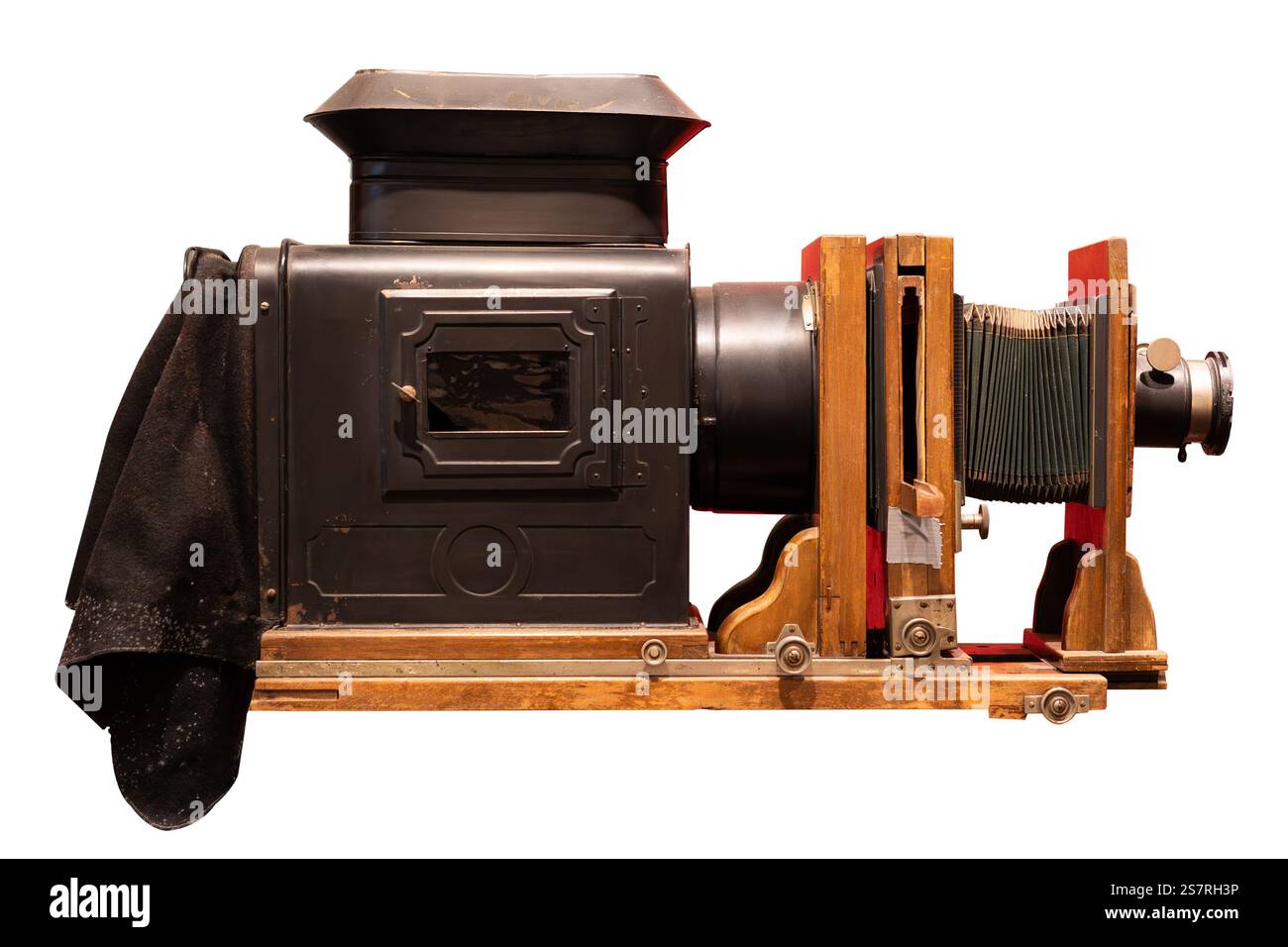A classic antique large format camera featuring a wooden frame and ...