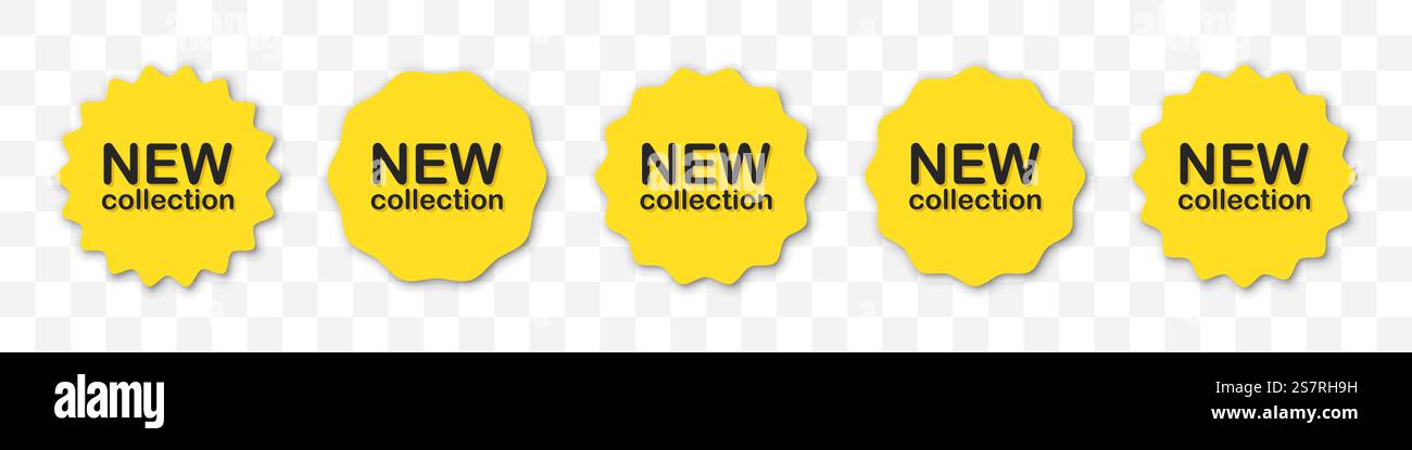 New collection labels set in yellow with shadow. Vector illustration ...