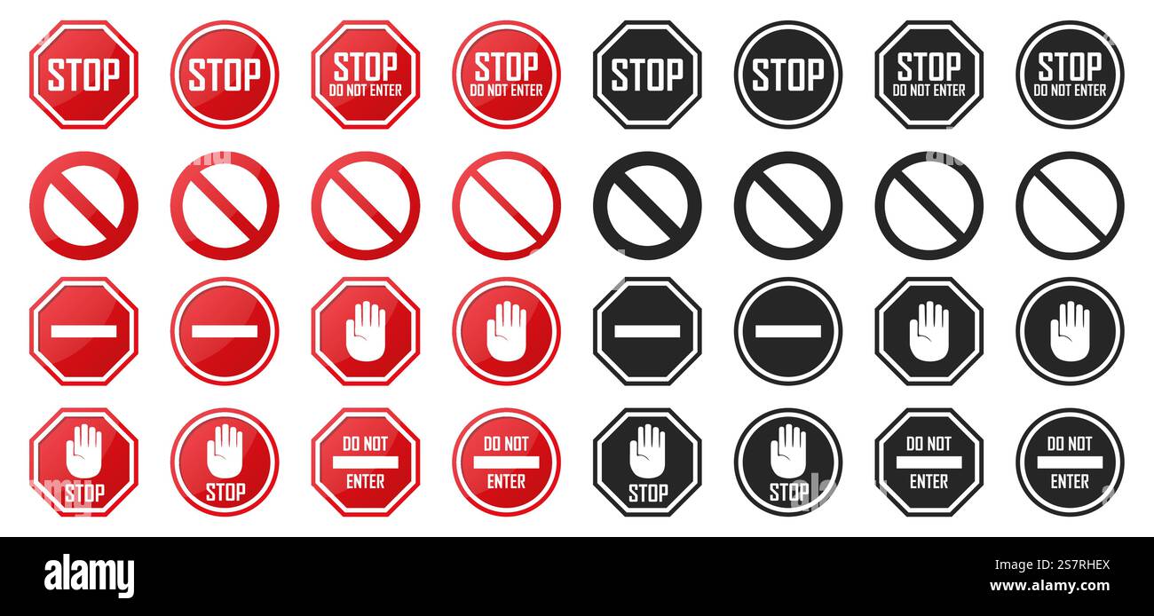 Set of red and black prohibition signs. Stop, do not enter sign ...