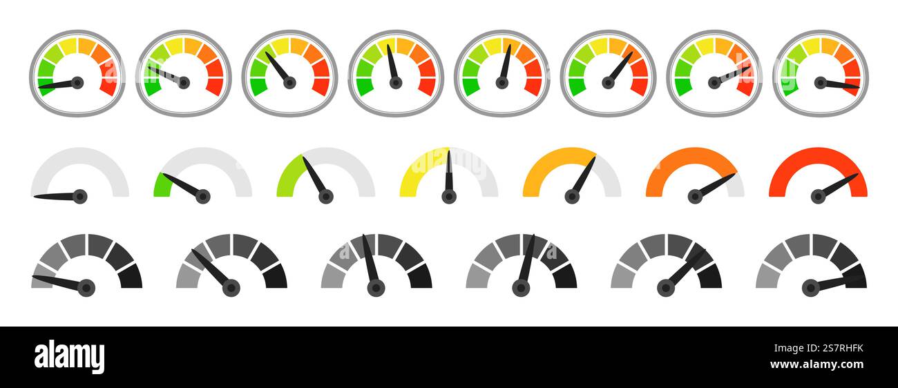 Set of gauge measuring indicator icons. Speedometer, measure indicator ...