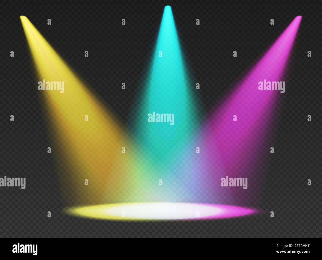 Three stage limelights. Yellow, blue and pink cone lights from top with ...
