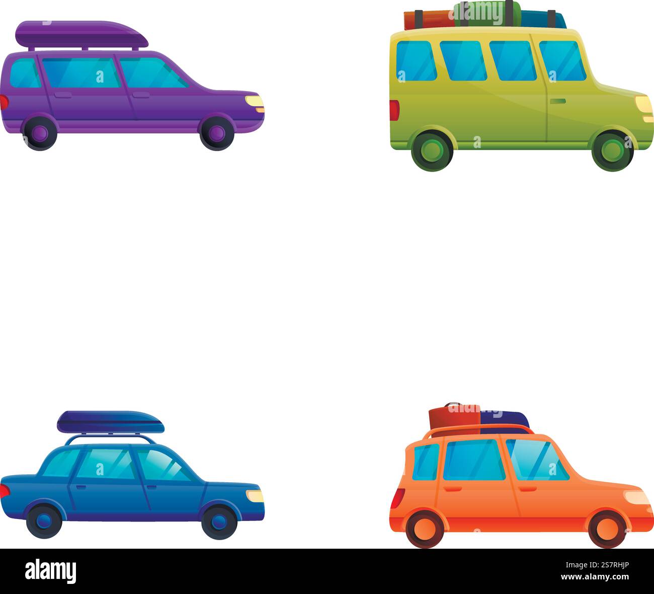 Autotravel icons set cartoon vector. Car with luggage on roof. Road ...