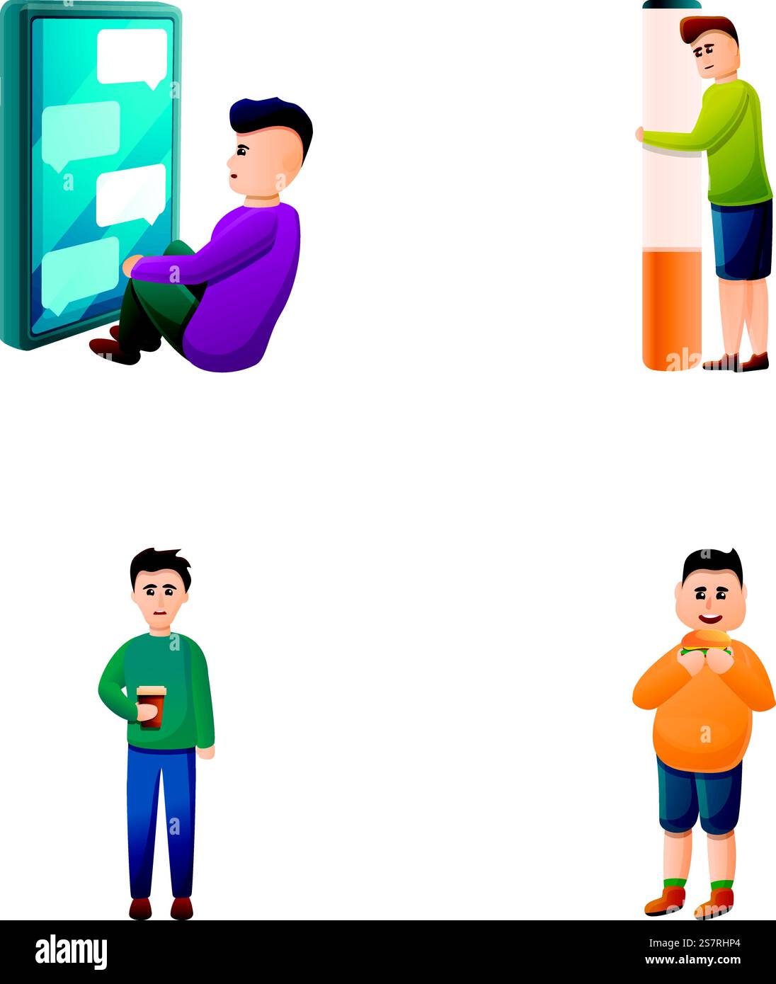 Various addiction icons set cartoon vector. Alcohol, tobacco, fast food ...