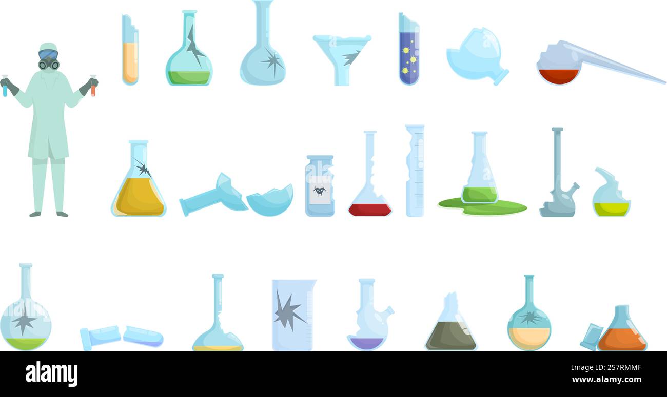 Broken laboratory glassware icons set cartoon vector. Science medical ...