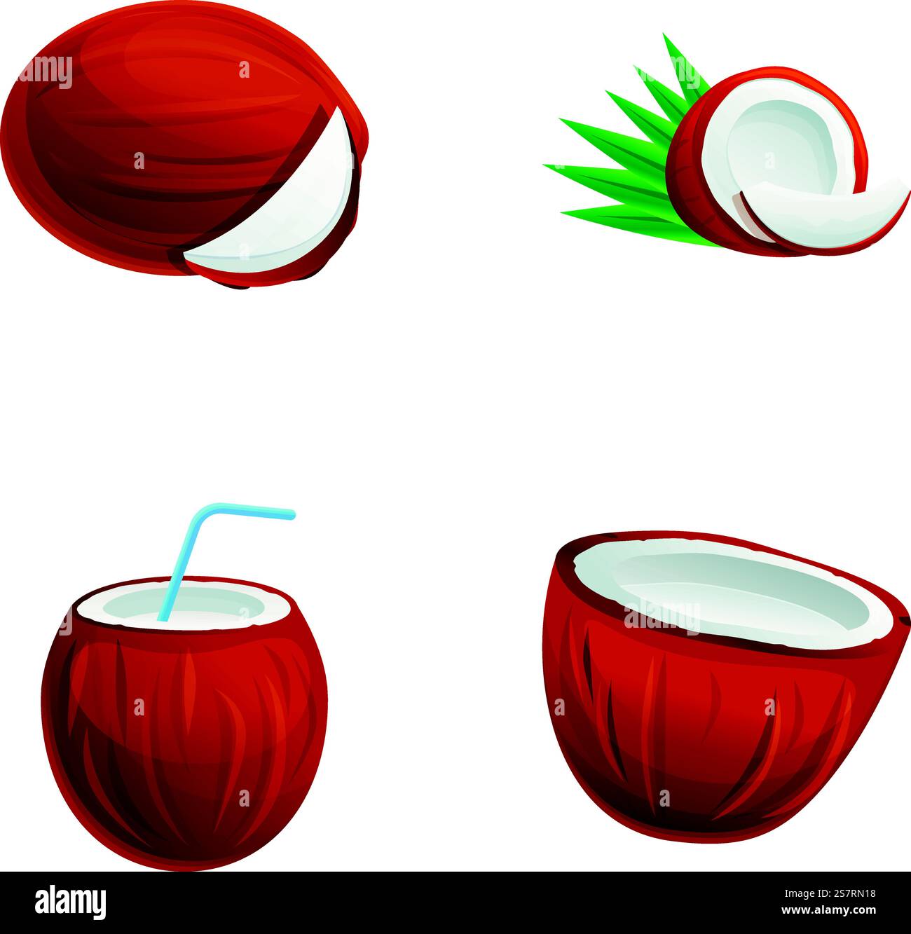Coconut icons set cartoon vector. Coconut and palm leaf. Exotic fruit ...