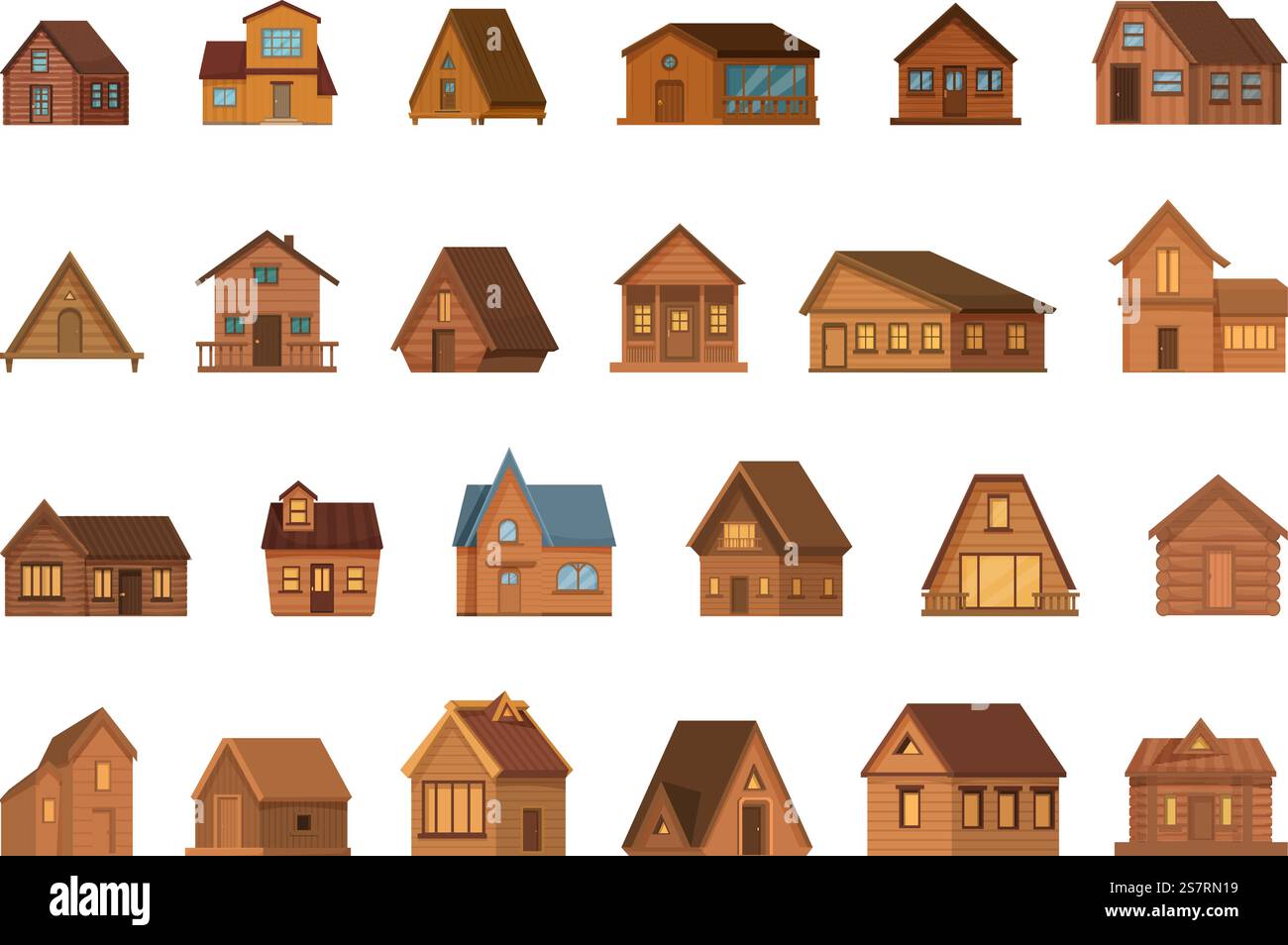 Wooden cabin icons set cartoon vector. Wood tree house. Pine forest ...