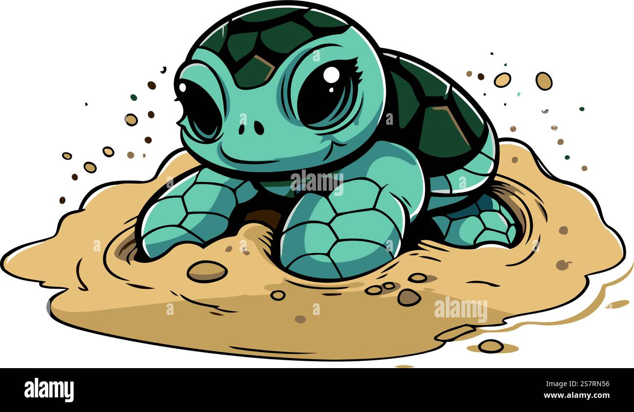 Cute little baby turtle on the sand. Cartoon vector illustration Stock ...