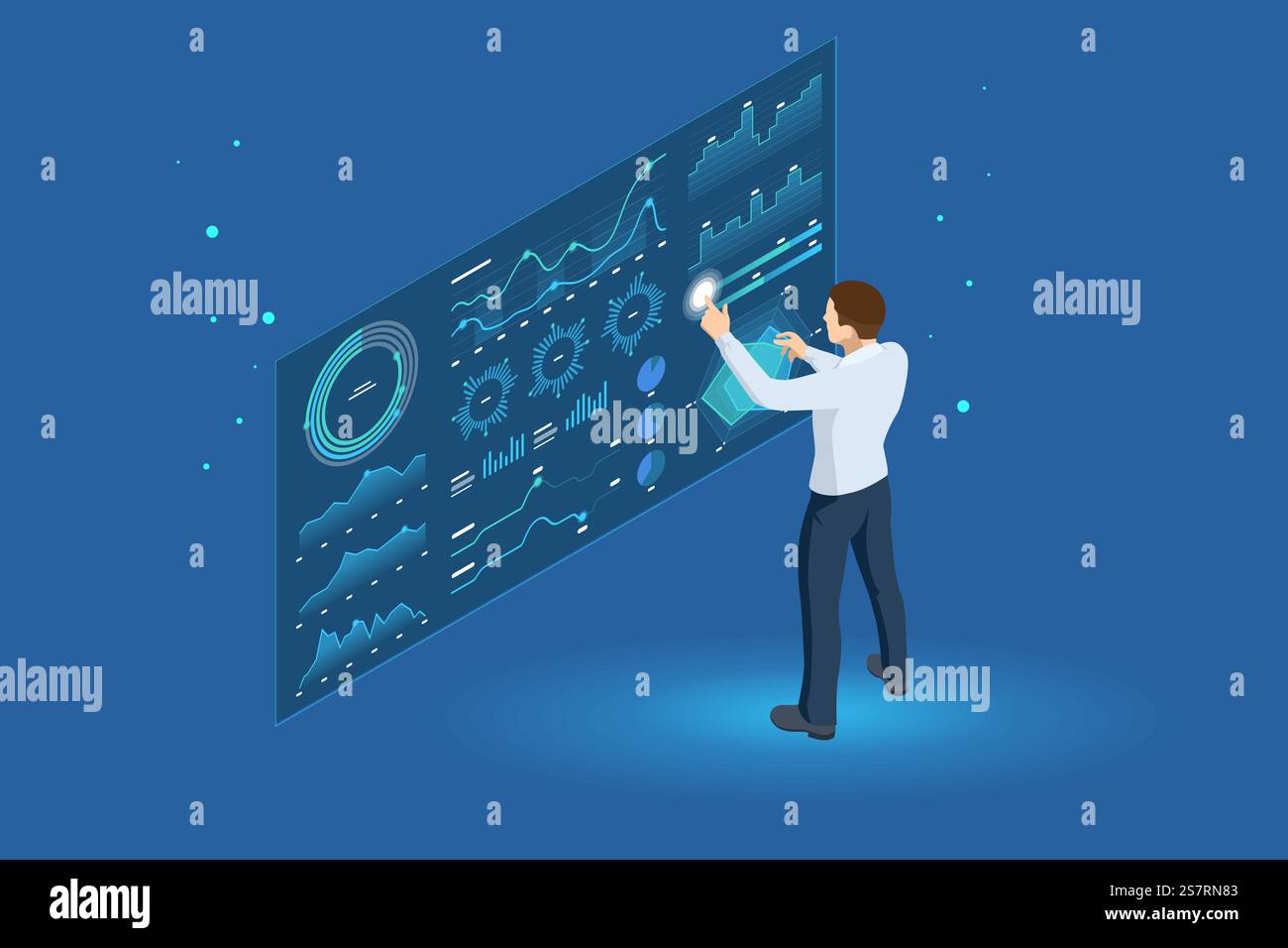 Isometric vector of a man interacting with futuristic digital dashboards. The interface features ...