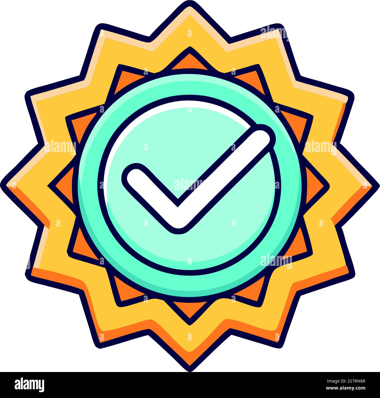 Cartoon style badge icon featuring a checkmark inside a vibrant design ...