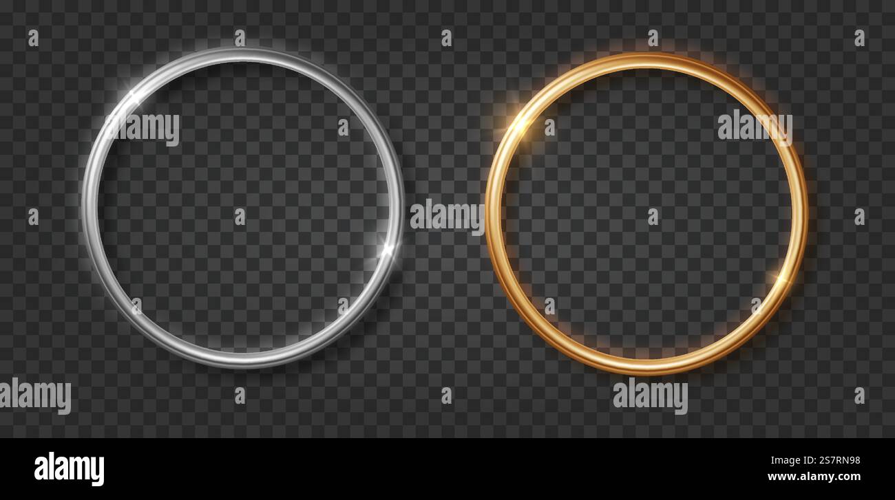 Gold and silver chrome ring frame realistic. Round 3d banner with glow ...