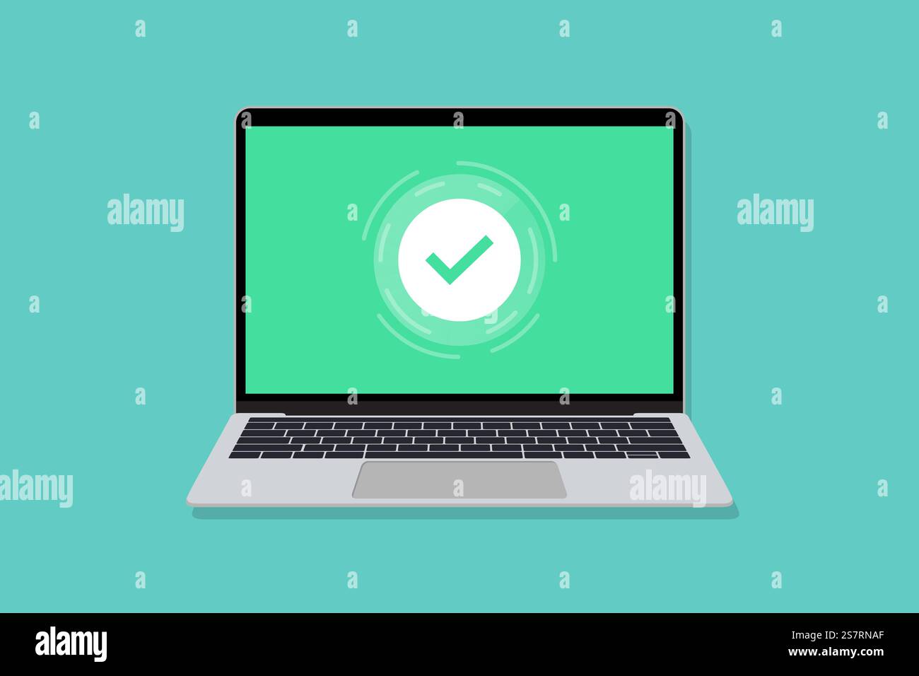 Laptop with green check in a flat design. Approved tick icon in laptop ...