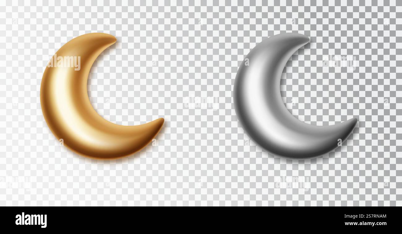 Crescent moon isolated on white background. 3d golden and silver ...