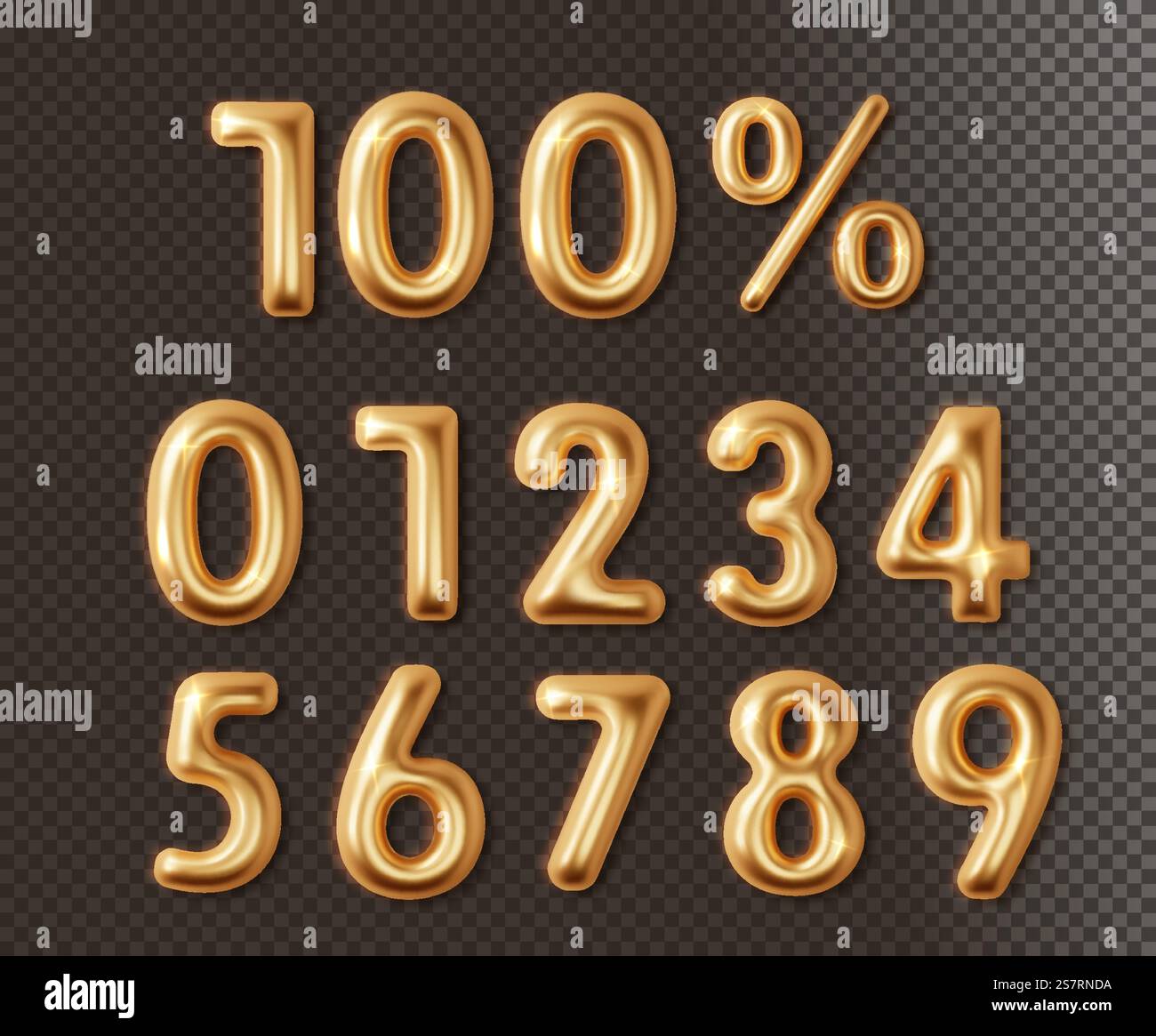 Golden numbers percentage notation with set 3d realistic on dark. Metal ...