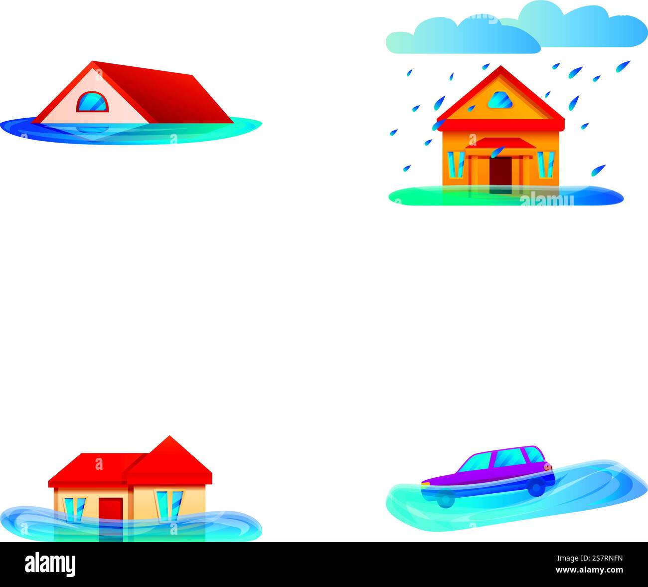 Flood icons set cartoon vector. House and vehicle in water. Natural ...