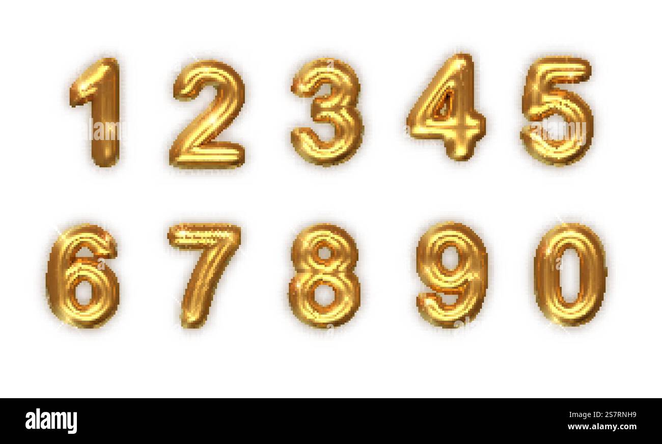 Golden numbers set. Vector realistic 3d illustration. golden font number 1,2,3,4,5,6,7,8,9,0 ...